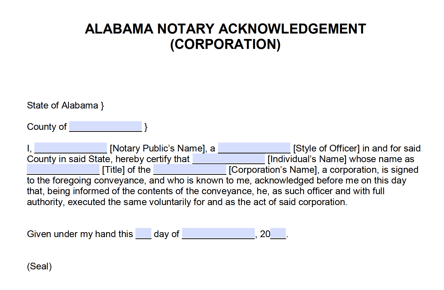 Free Alabama Notary Acknowledgement Forms - PDF - Word