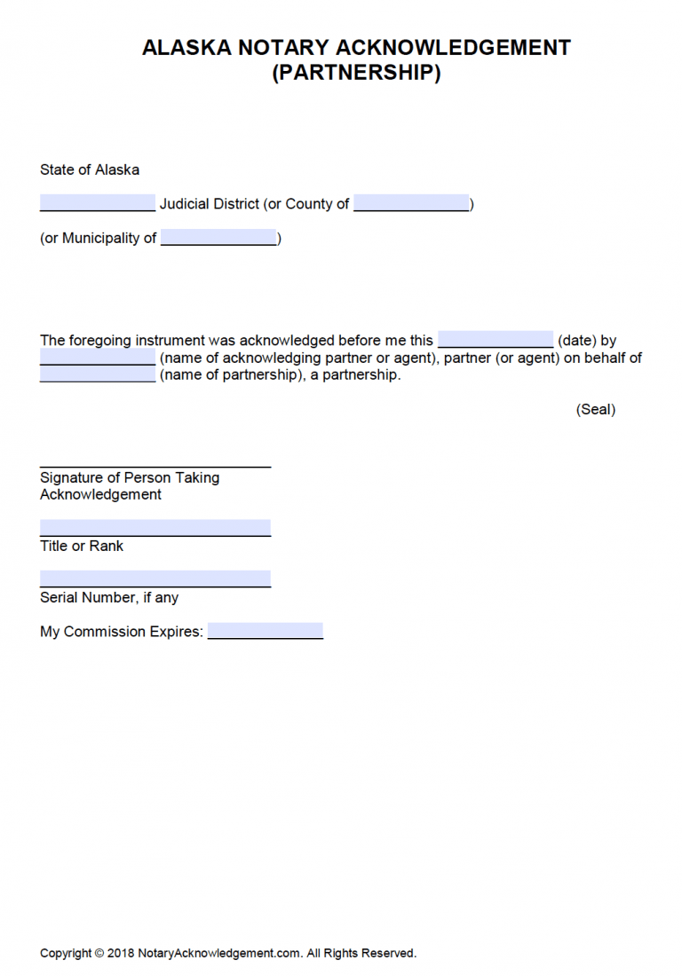Free Alaska Notary Acknowledgement - Partnership - PDF - Word