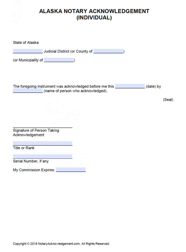 Free Alaska Short Form Notary Acknowledgement - Individual - PDF - Word
