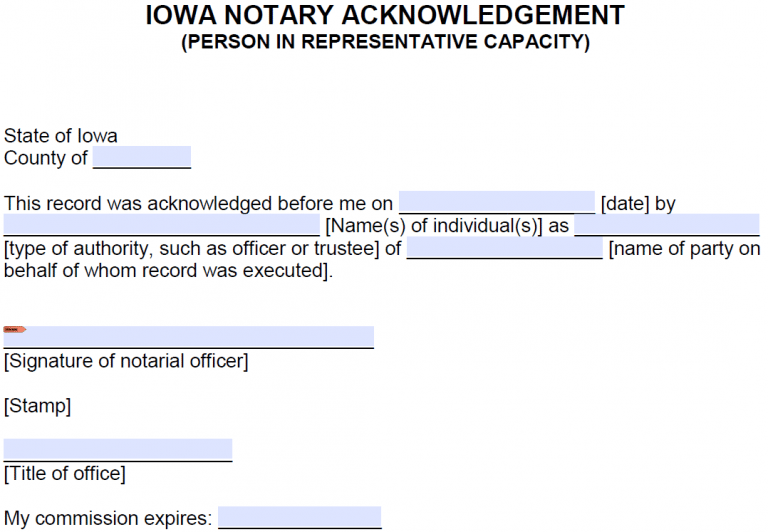 Free Iowa Notary Acknowledgement - Representative - PDF - Word