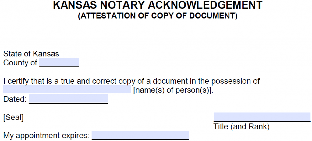 Free Kansas Notarial Certificate - Attestation of a Copy - PDF - Word