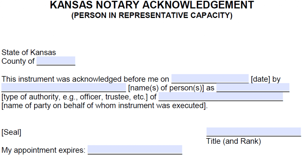 Free Kansas Notary Acknowledgement - Representative - PDF - Word