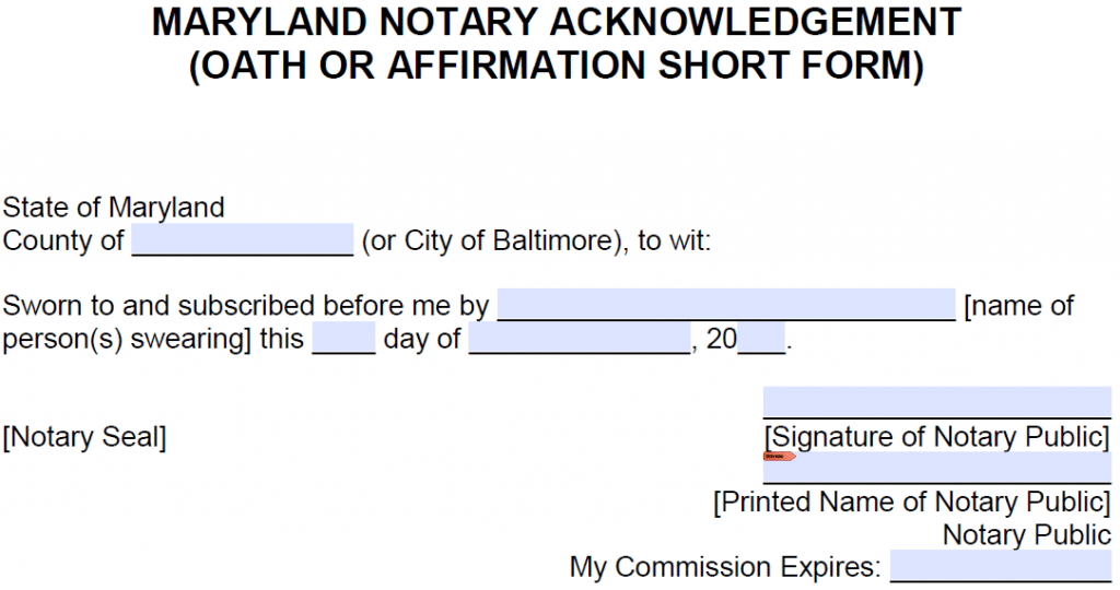 Free Maryland Notarial Certificate - Oath or Affirmation (Short Form) - PDF - Word