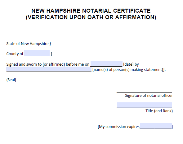 Free New Hampshire Notarial Certificate – Oath or Affirmation - PDF - Word