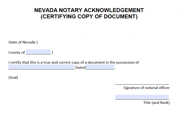 Free Nevada Notarial Certificate – Certifying Copy of Document - PDF - Word