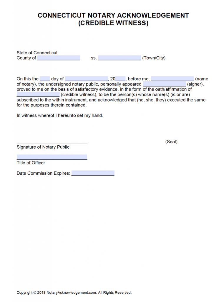 Free Connecticut Notary Acknowledgement - Credible Witness - PDF - Word
