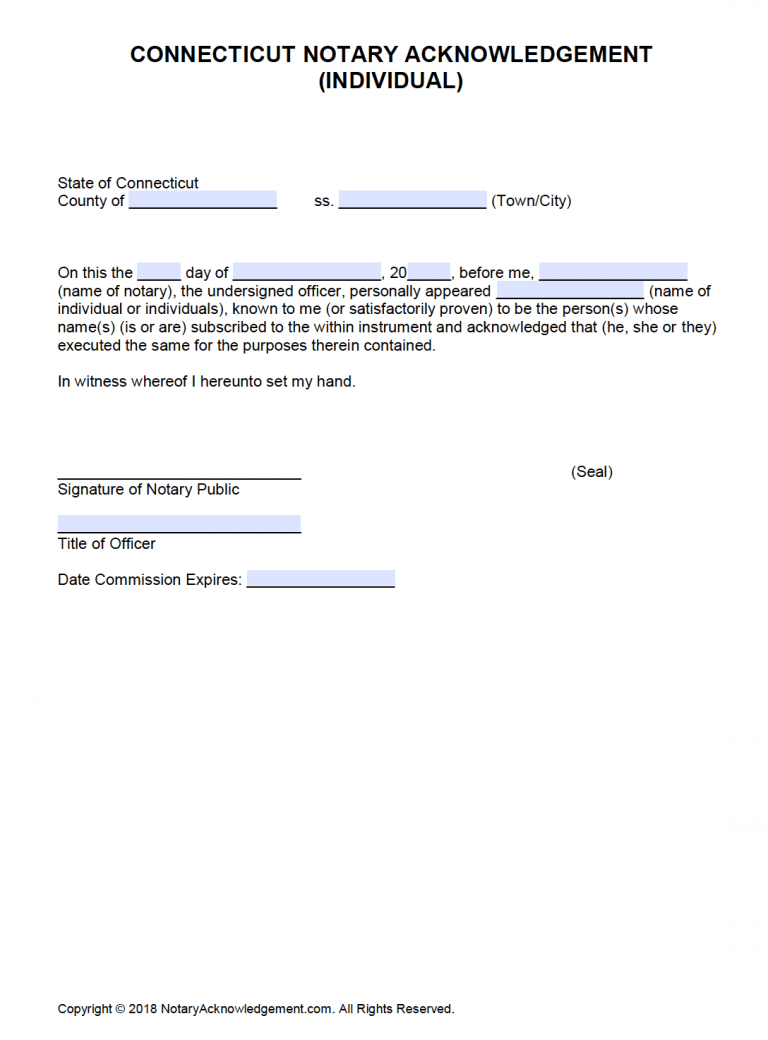 Free Connecticut Notary Acknowledgement - Individual - PDF - Word