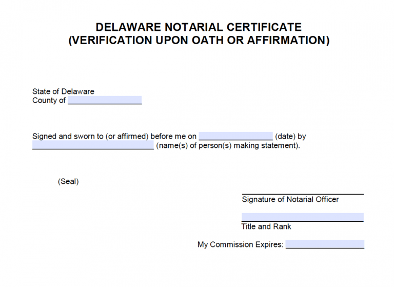 Free Delaware Notarial Certificate Verification Upon Oath Or Affirmation Pdf Word