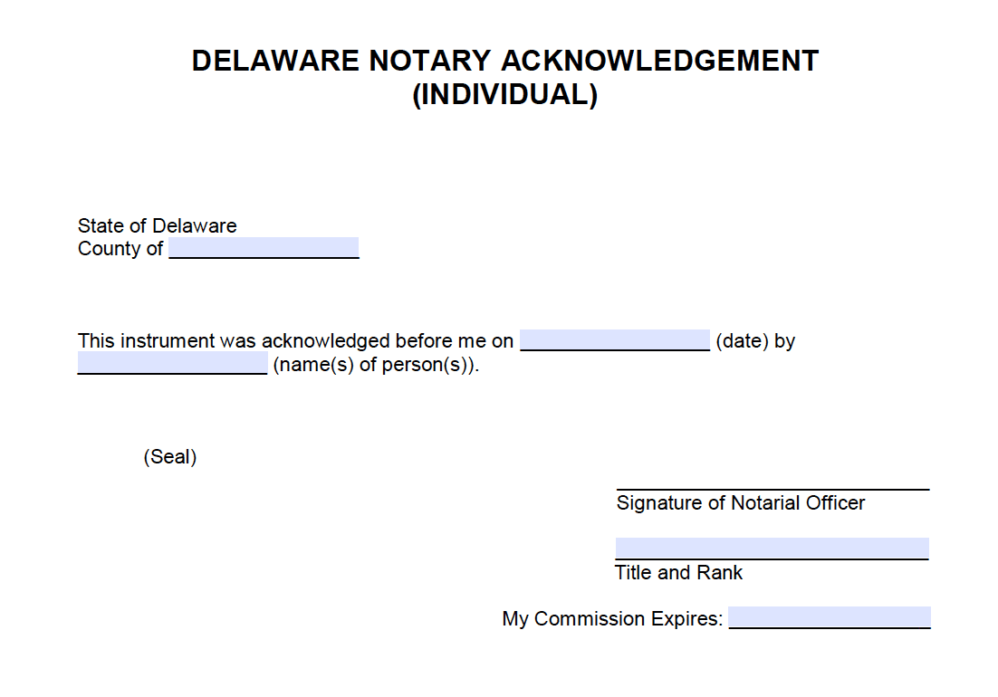 Free Delaware Notary Acknowledgement Forms - PDF - Word