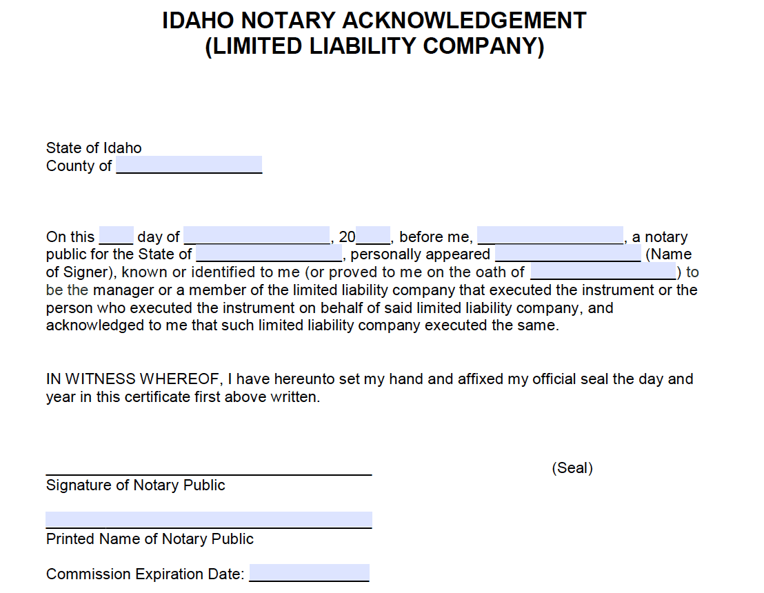 Free Idaho Notary Acknowledgement - Limited Liability Company - PDF - Word