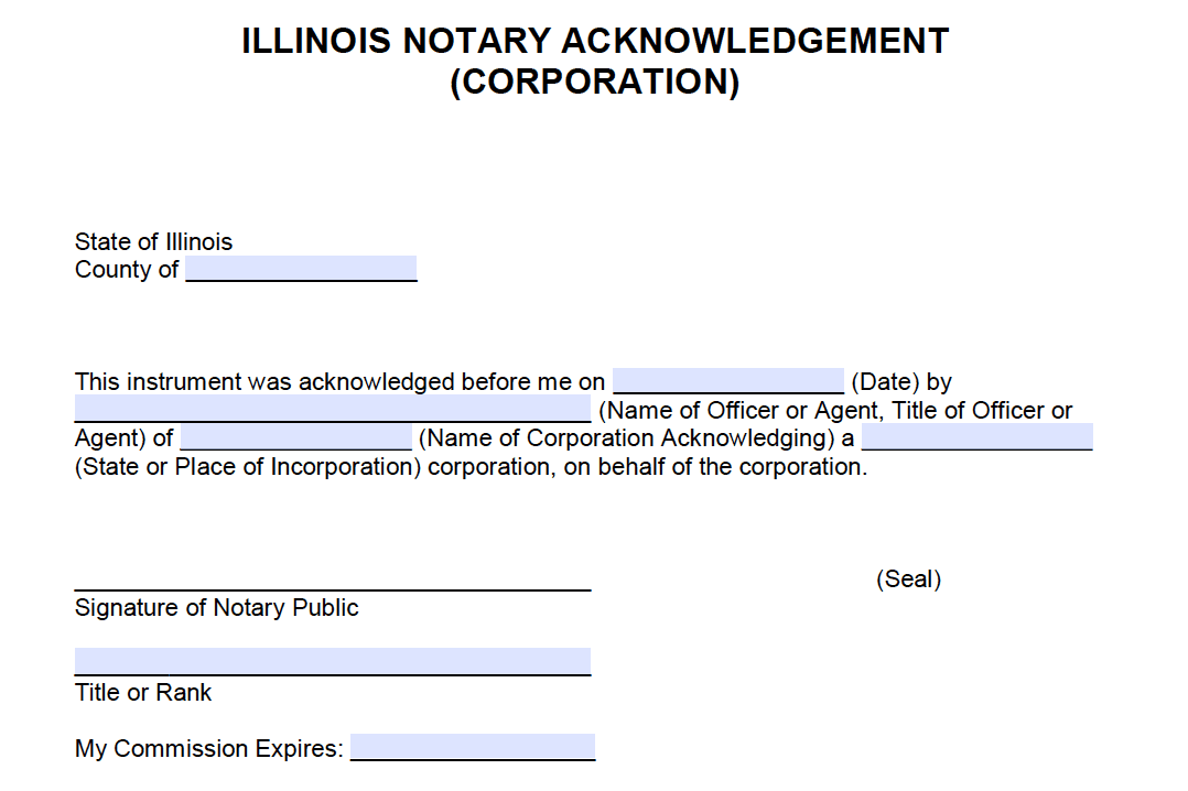 Free Illinois Notary Acknowledgement - Corporation - PDF - Word