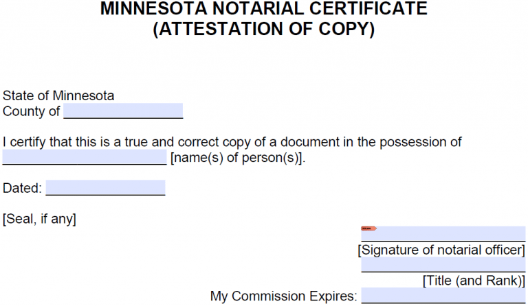 Free Minnesota Notarial Certificate - Attestation of Copy - PDF - Word