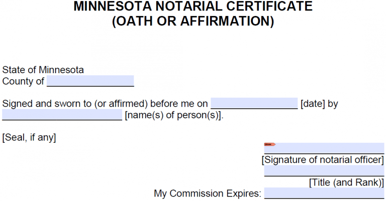 Free Minnesota Notarial Certificate - Oath or Affirmation - PDF - Word