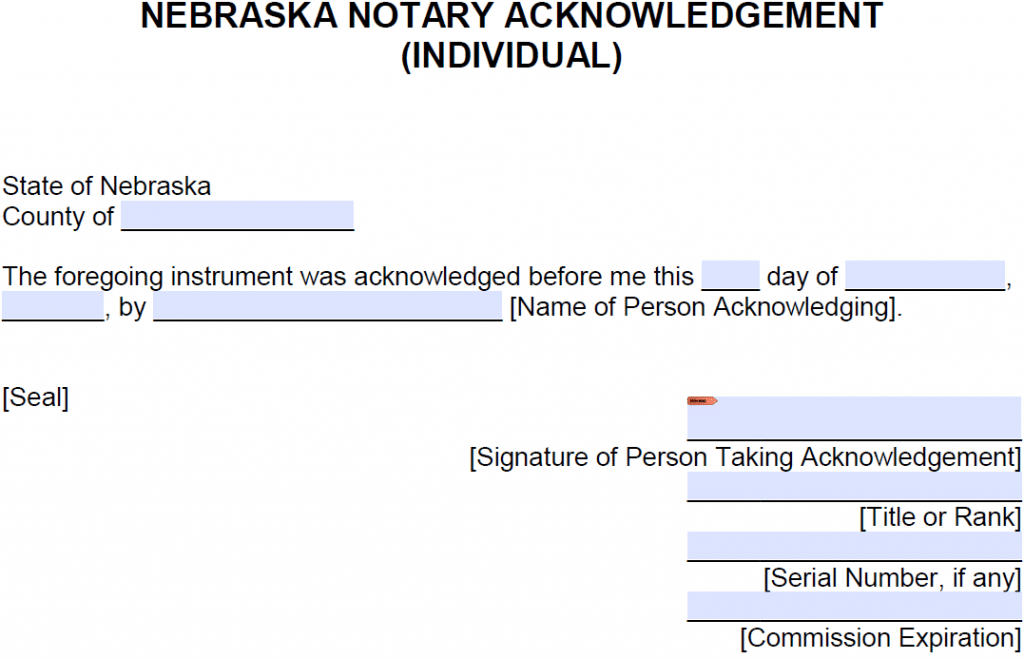 Free Nebraska Notary Acknowledgement - Individual - PDF - Word