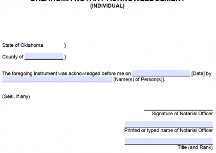 Free Oklahoma Notary Acknowledgement – Representative Capacity - PDF - Word