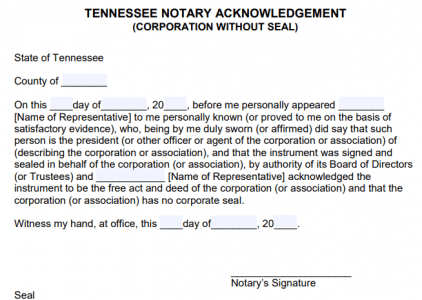 Free Tennessee Notary Acknowledgement - Individual - PDF - Word