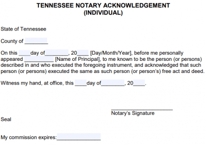 Free Tennessee Notary Acknowledgement - General Acknowledgement - PDF ...