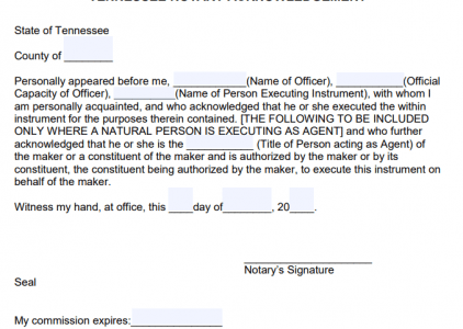 Free Tennessee Notary Acknowledgement - Individual - PDF - Word