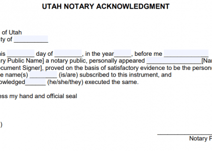Free Utah Notary Acknowledgement - Corporation - PDF - Word