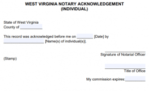 Free West Virginia Notary Acknowledgement - Individual - PDF - Word